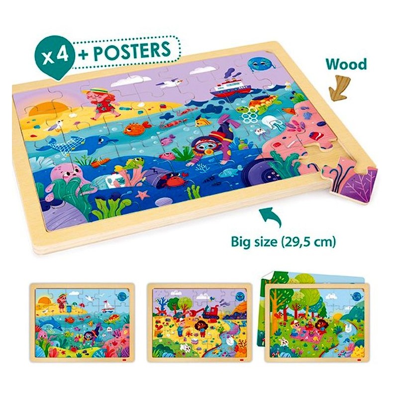 Lot de 4 éco-puzzles: Sauvons la planète - Akros - 4 puzzles en bois de ...