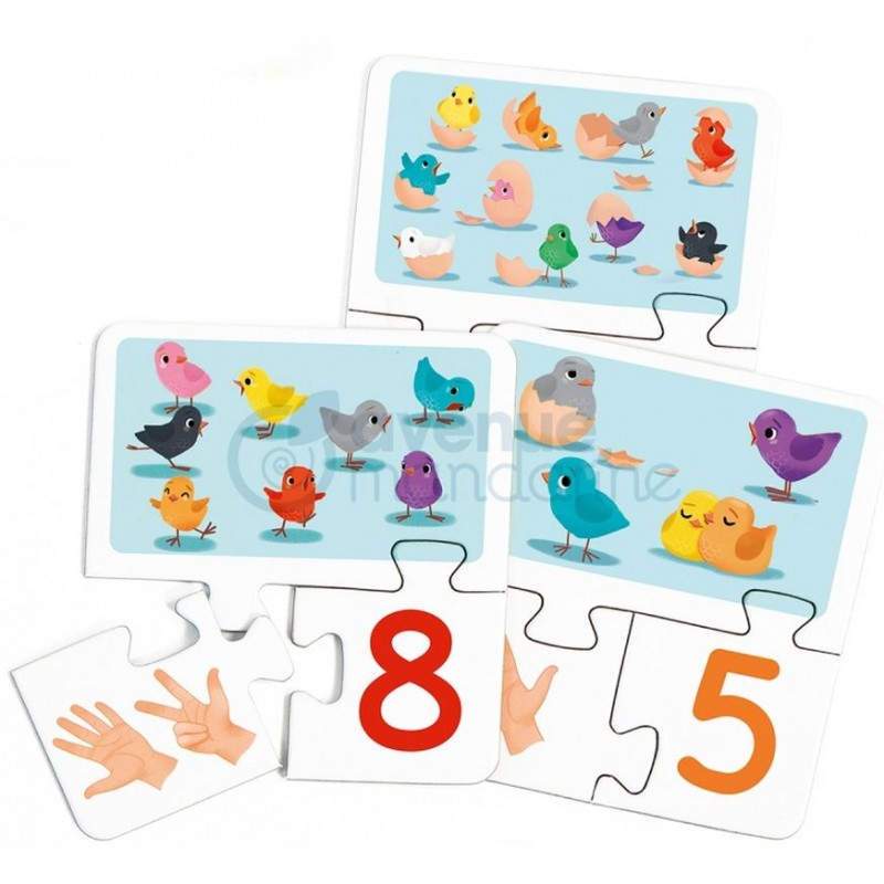 10 jolis puzzles 3 pièces pour représenter les nombres de 1 à 10.