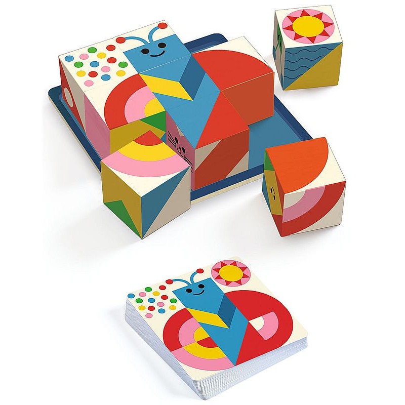 9 cubes en bois et 30 motifs à reconstituer.